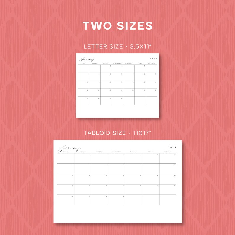 Printable Calendar Monthly Calendar Horizontal Calendar PDF - Etsy