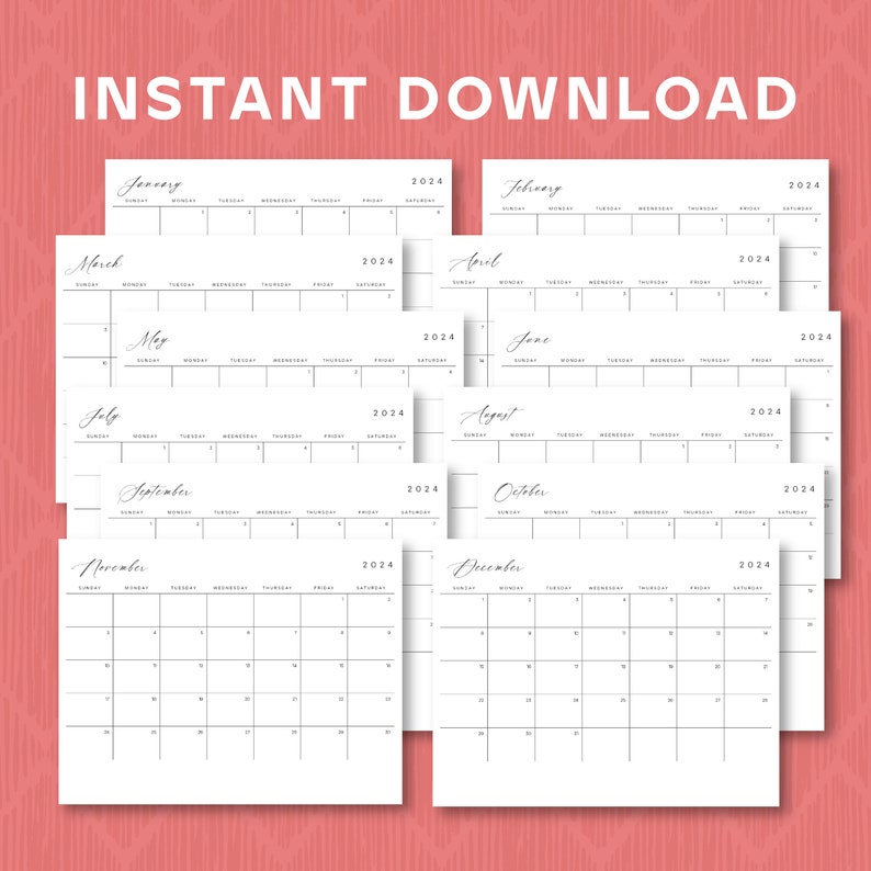 Printable Calendar, Monthly Calendar, Horizontal Calendar, PDF Calendar ...