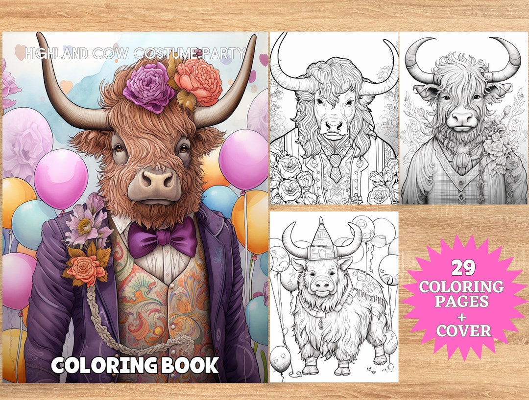 Highland Cow Costume Party Coloring Book: Experience Hours of ...