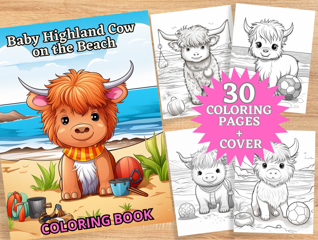 30 Baby Highland Cow on the Beach Coloring Book, Educational Activities ...