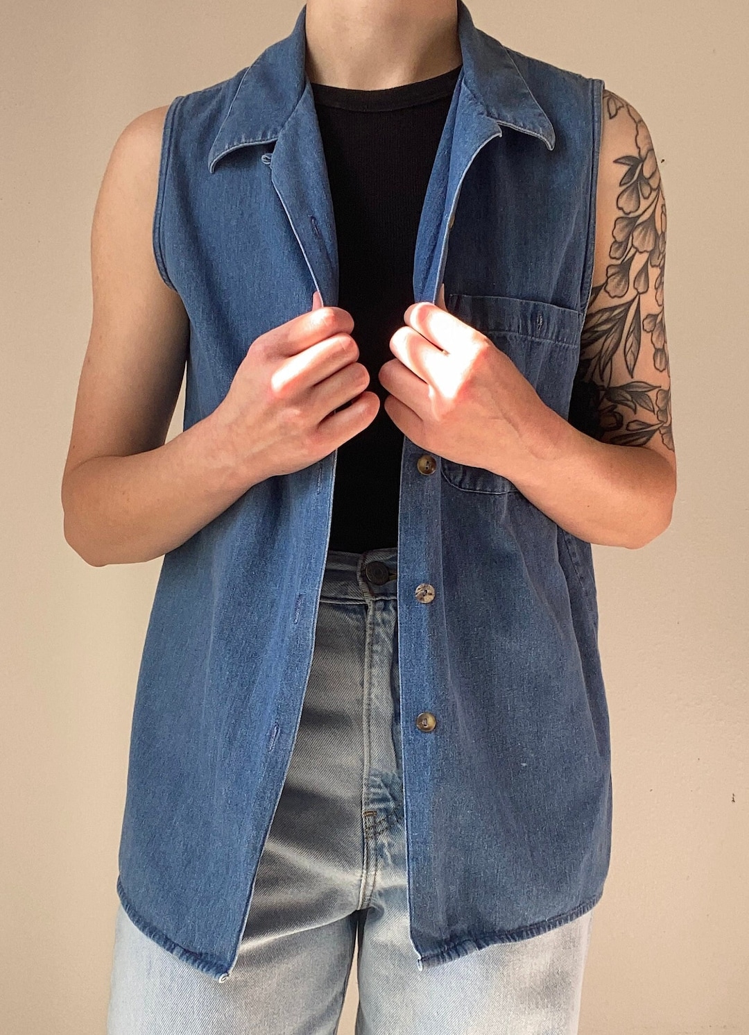 Vintage Sleeveless Denim Button-up Shirt - Etsy
