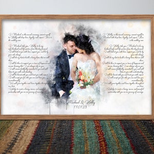 Watercolor Couple Portrait and Vows Framed Canvas Art, Custom Wedding ...