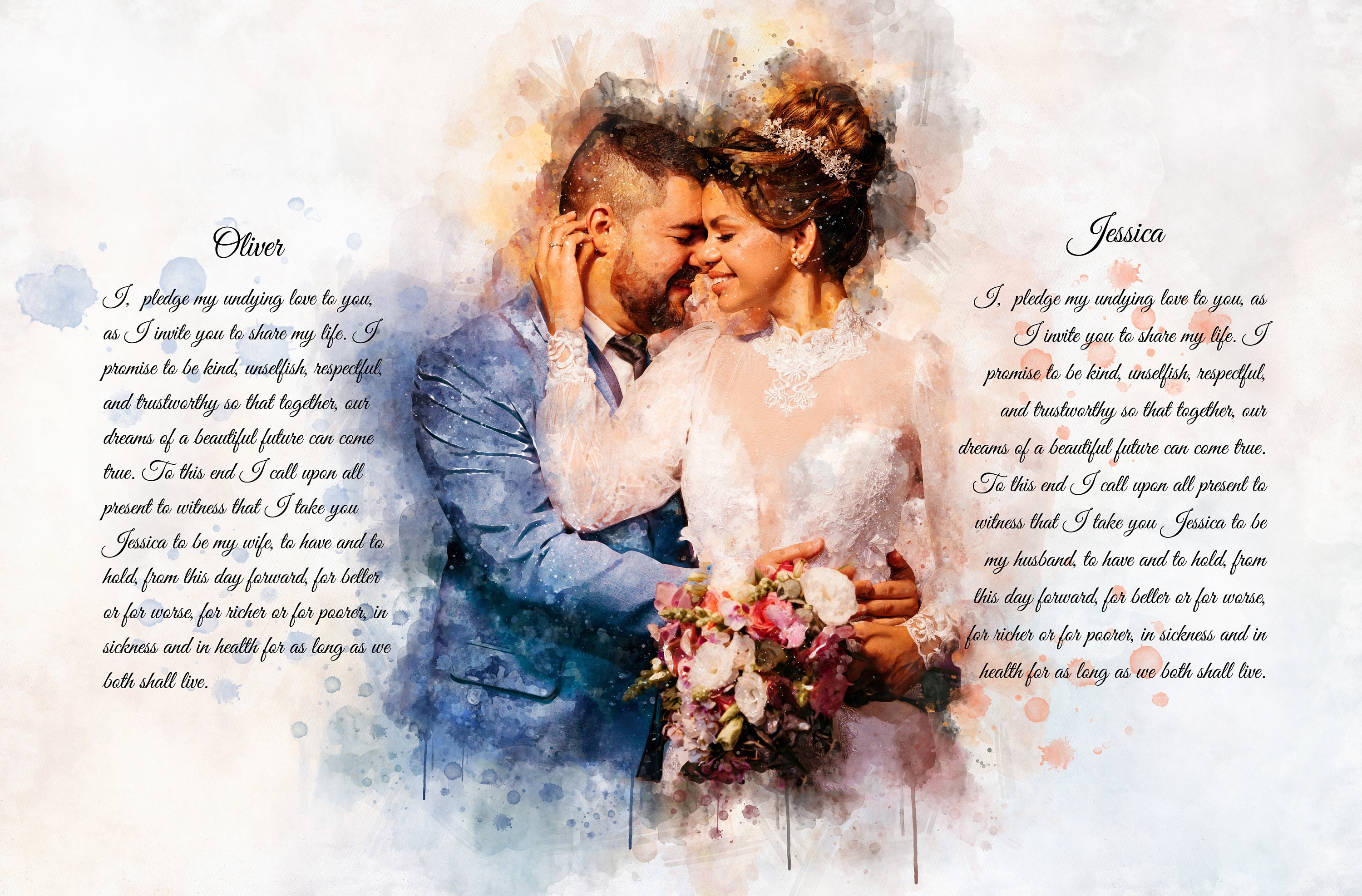 Watercolor Couple Portrait and Vow Renewal Custom Vow Framed Canvas Vow ...