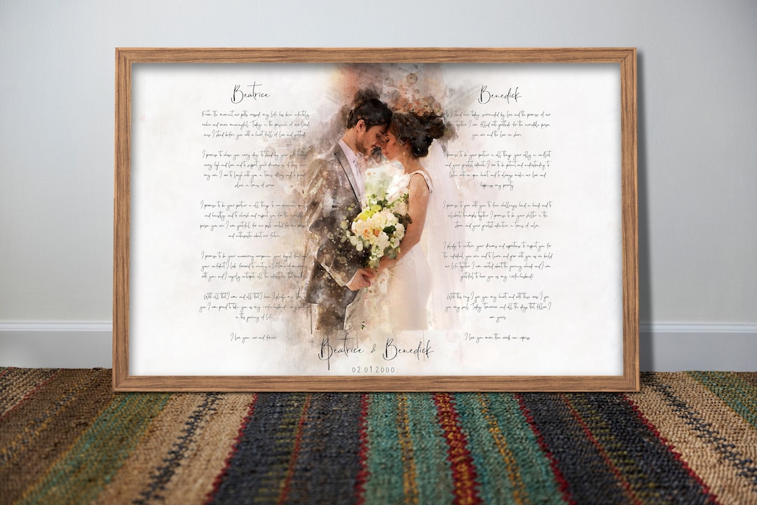 Watercolor Couple Portrait and Vows Framed Canvas Art, Custom Wedding ...