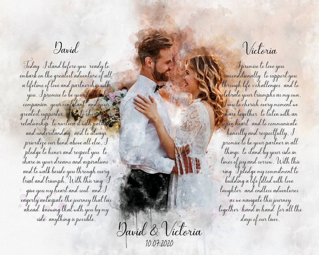 Watercolor Couple Portrait and Vows Framed Canvas Art, Custom Wedding ...
