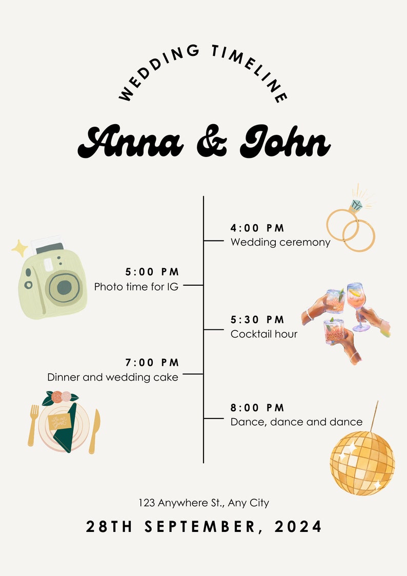 Colorful Wedding Timeline, Editable Wedding Day Timeline, Order of ...