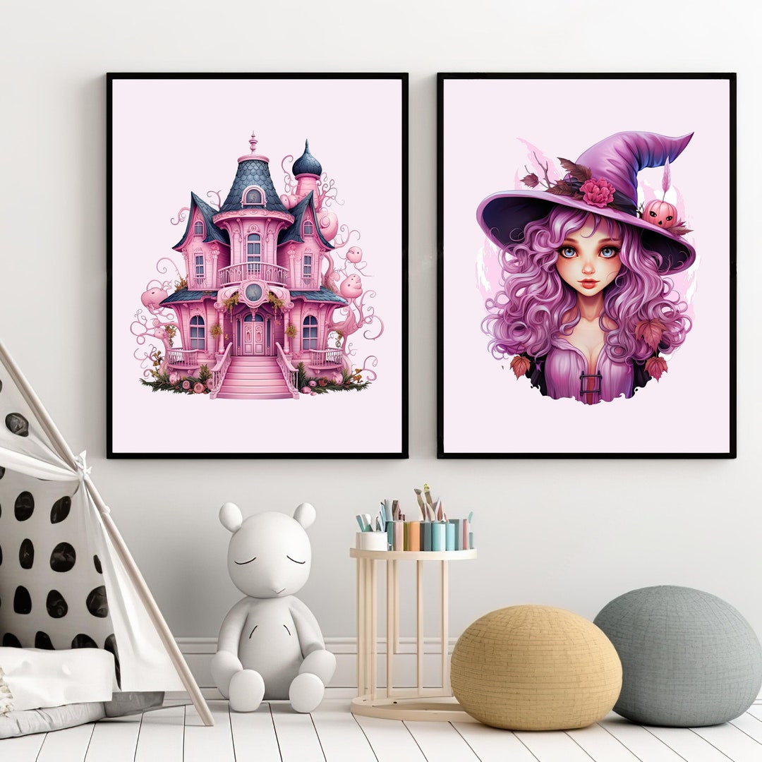 Pink Witch Girl and Haunted House Posters Pink Halloween - Etsy