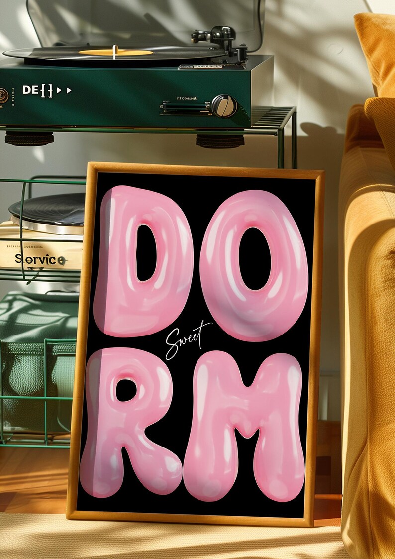 Dorm Sweet Dorm Pink Balloon Poster, Retro 3D Typography, Funky College ...