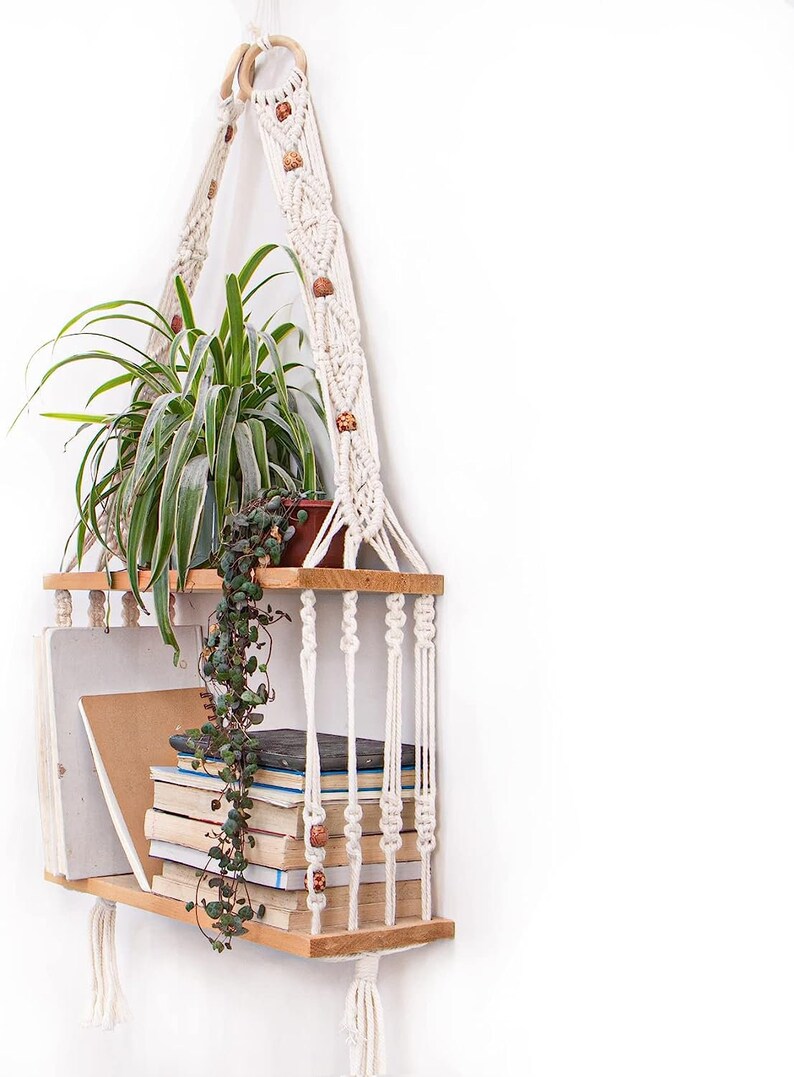 Boho Wall Hanging Shelves Macrame Floating Plant Photos Wood Shelf ...