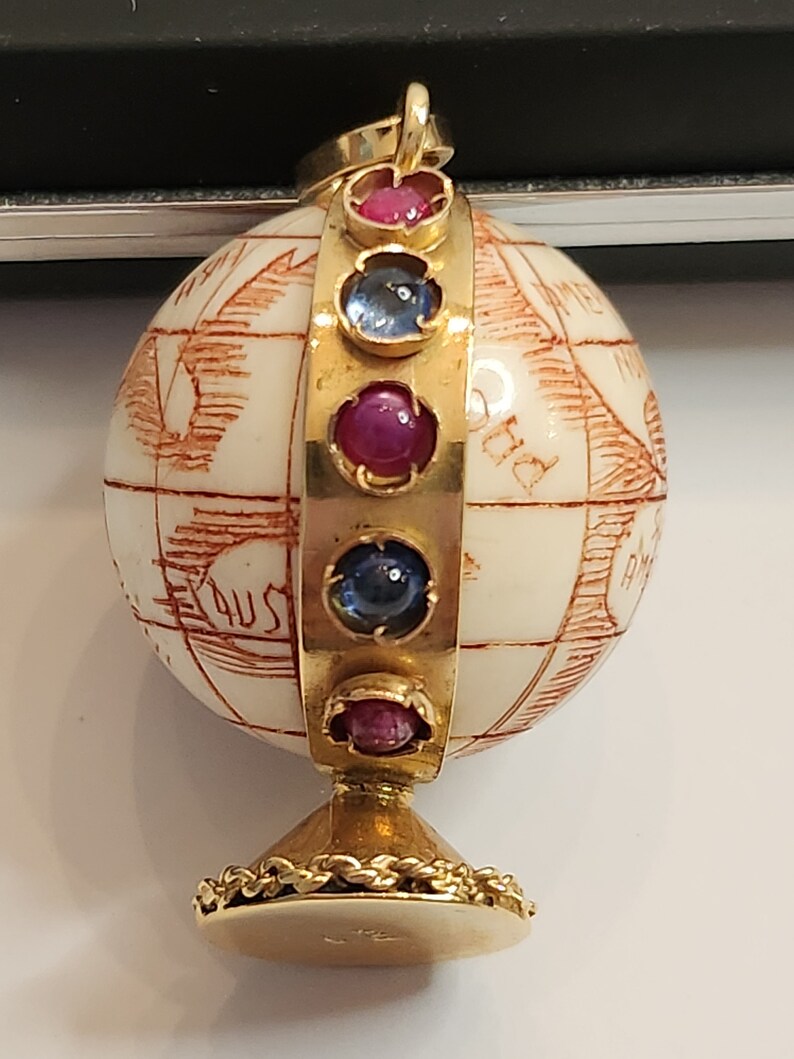 18k Solid Gold Rotating Carved Globe Pendant Charm Ruby & Blue Sapphire ...