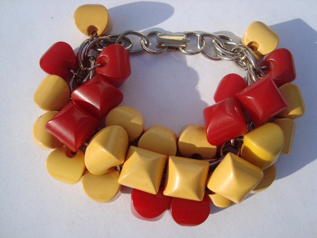 Amazing Fun Red Yellow Vintage Bakelite Button Charm Bracelet 28 ...