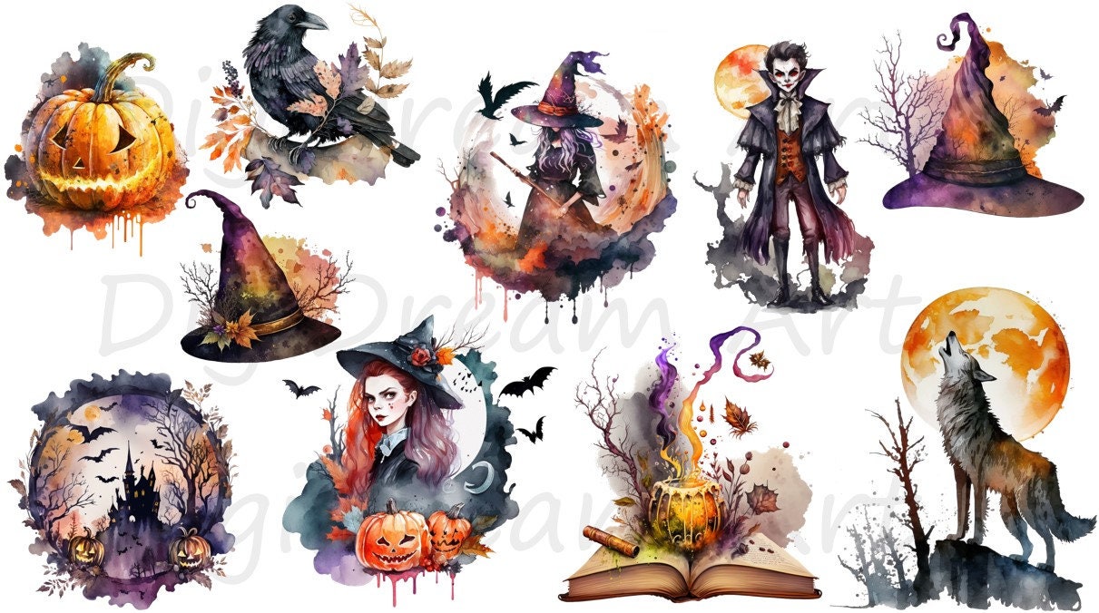 20 Halloween Clipart Graphics #1, Witches Pumpkin Bats Castles Black ...