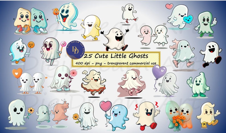 25 Cute Ghosts Halloween Clipart Graphics Happy Little Ghoste Clip Art ...