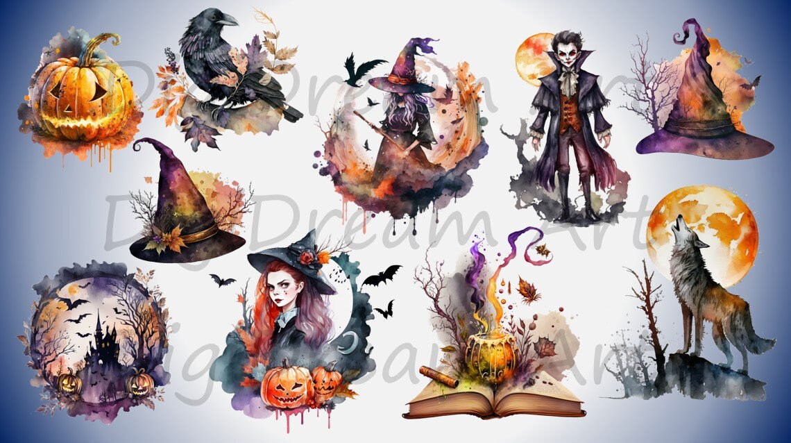 20 Halloween Clipart Graphics #1, Witches Pumpkin Bats Castles Black ...