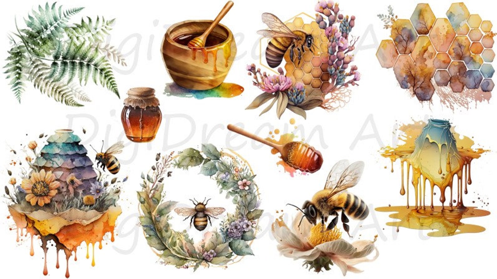 400 Dpi PNG - 20 Watercolour Honey Bee Clipart Honey Drip Honeycomb ...
