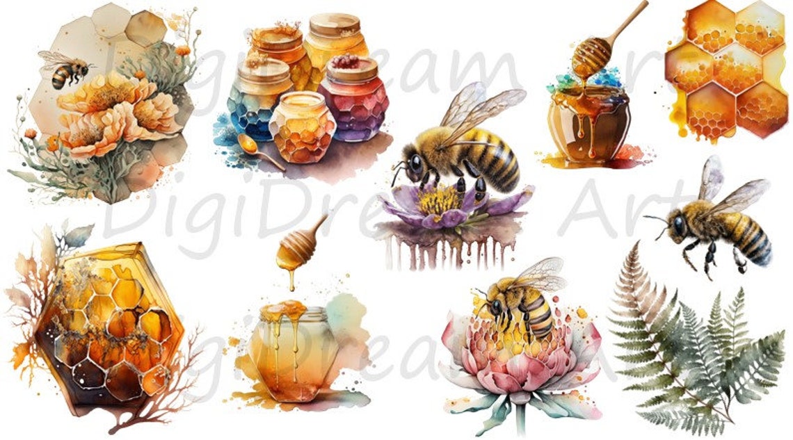 400 Dpi PNG - 20 Watercolour Honey Bee Clipart Honey Drip Honeycomb ...