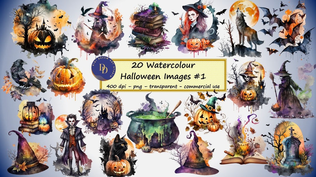 20 Halloween Clipart Graphics #1, Witches Pumpkin Bats Castles Black ...