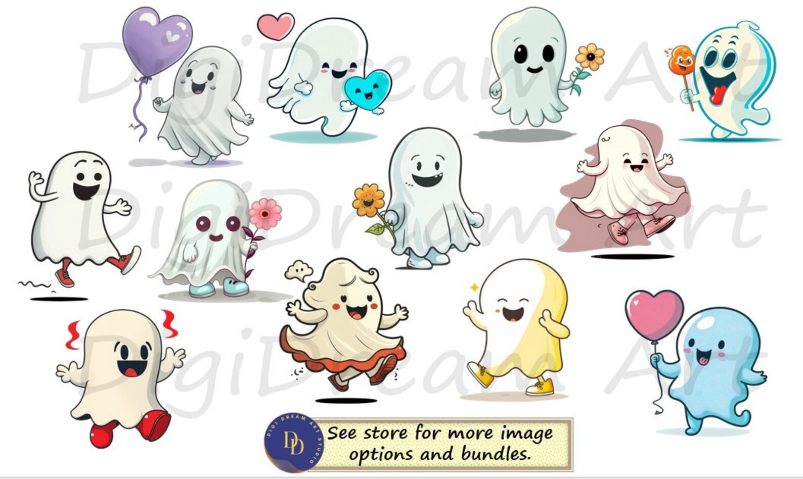 25 Cute Ghosts Halloween Clipart Graphics Happy Little Ghoste Clip Art ...