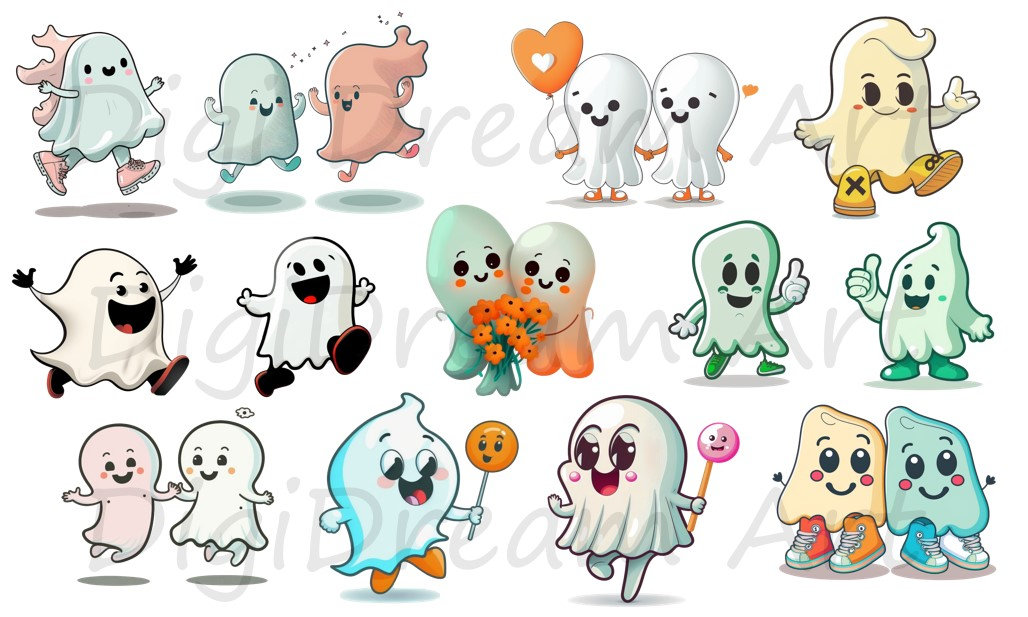 25 Cute Ghosts Halloween Clipart Graphics Happy Little Ghoste Clip Art ...