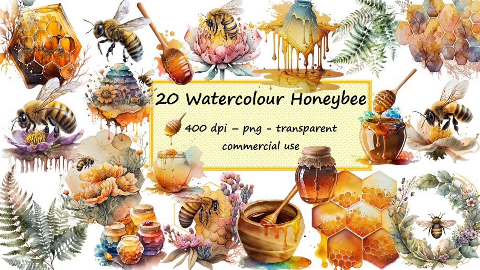 400 Dpi PNG - 20 Watercolour Honey Bee Clipart Honey Drip Honeycomb ...