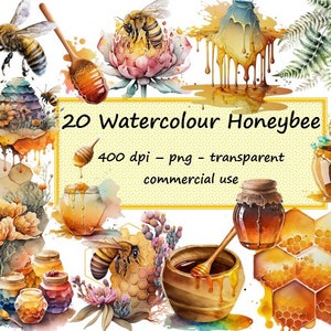 400 Dpi PNG - 20 Watercolour Honey Bee Clipart Honey Drip Honeycomb ...