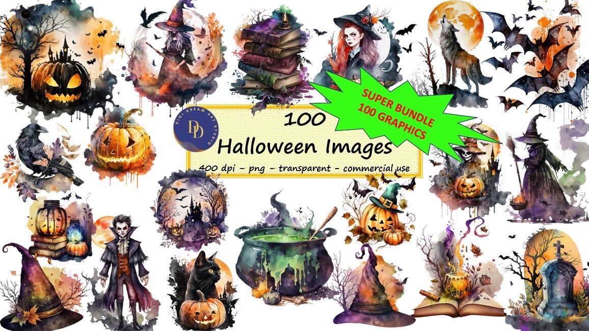 100 Halloween Clipart Graphics Bundle Witches Pumpkin Bats Cats ...