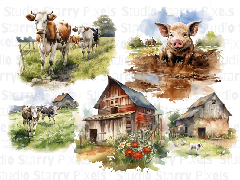 Farm Animals Clipart Watercolor, Farm Animals PNG, Farm Watercolor ...