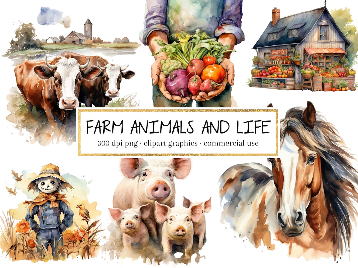 Farm Animals Clipart Watercolor, Farm Animals PNG, Farm Watercolor ...