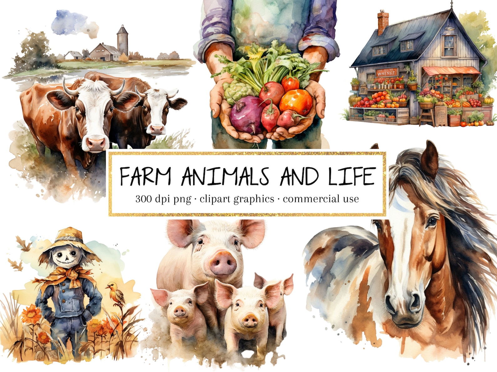 Farm Animals Clipart Watercolor, Farm Animals PNG, Farm Watercolor ...