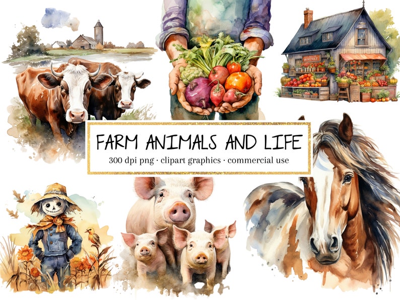Farm Animals Clipart Watercolor, Farm Animals PNG, Farm Watercolor ...