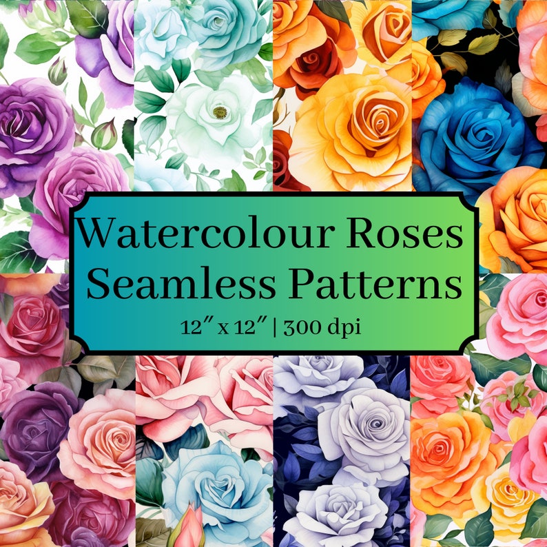 8 Watercolour Rose Flower Patterns Seamless Digital Flower Patterns ...