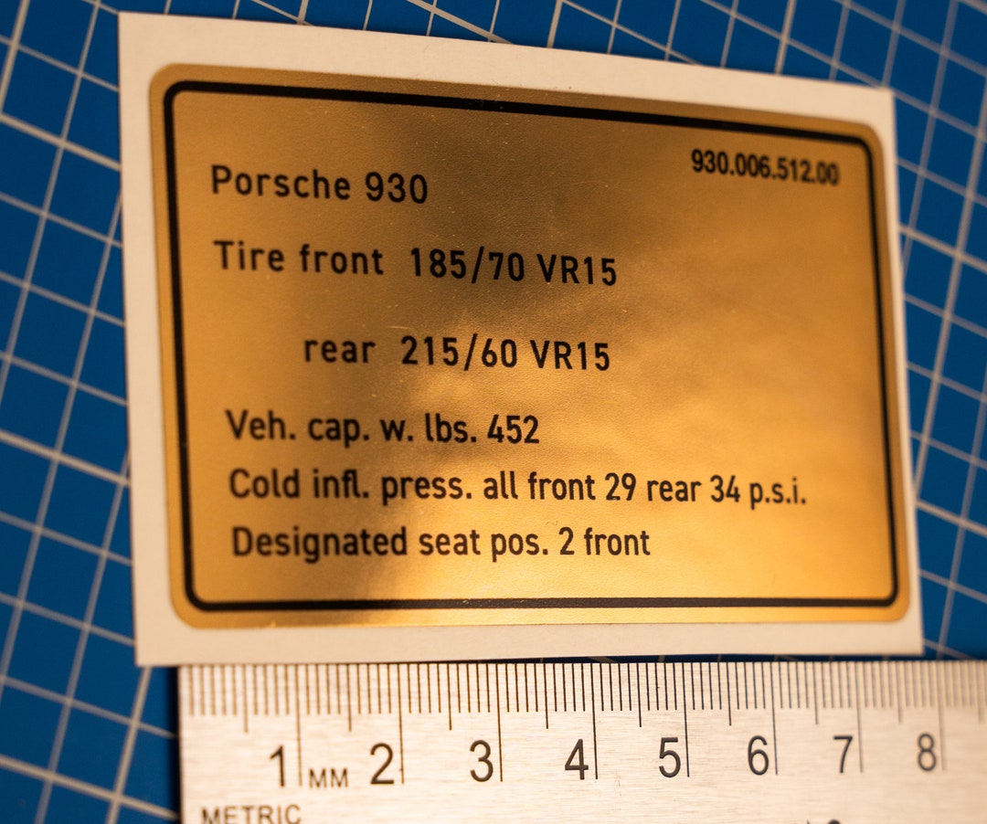 Porsche Tire Size and Pressure Engine Bay Decal for Porsche 911 (75-77 ...