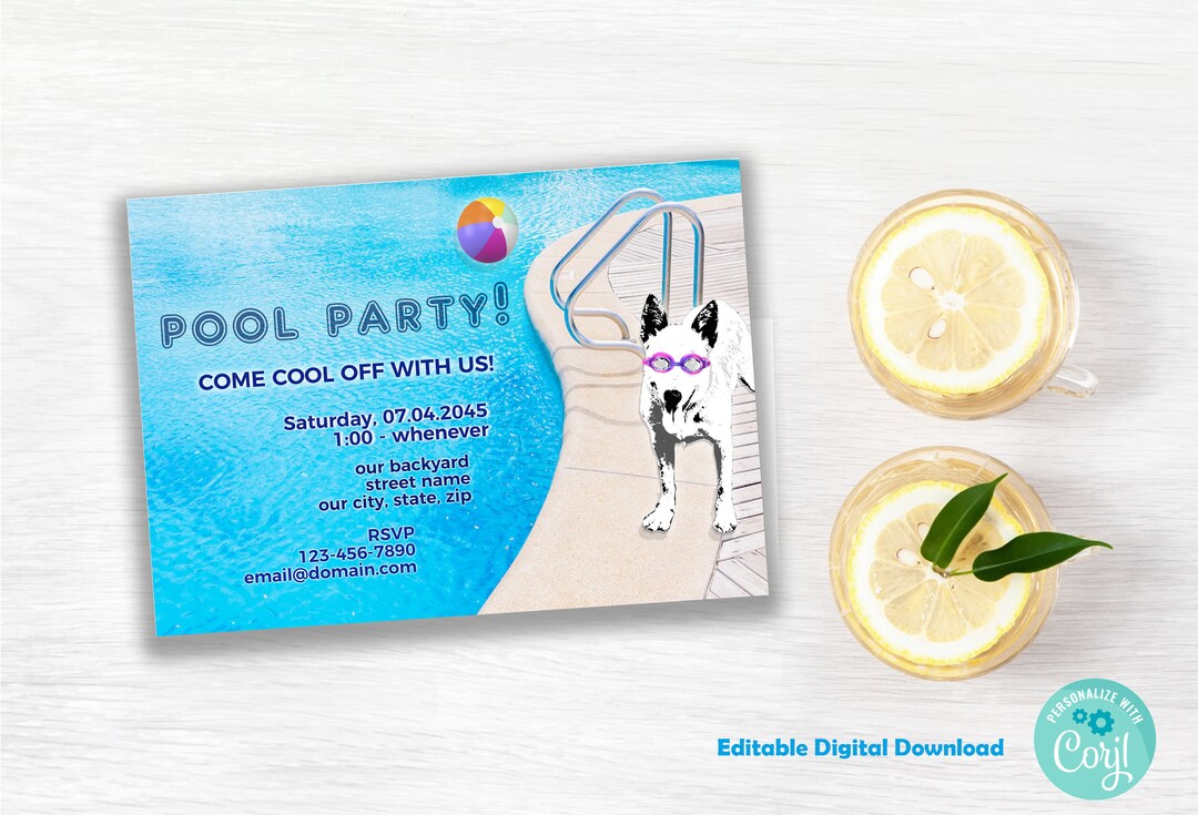 Pool Dog Editable Pool Party Invitation, Dog Theme, Dog With Goggles ...