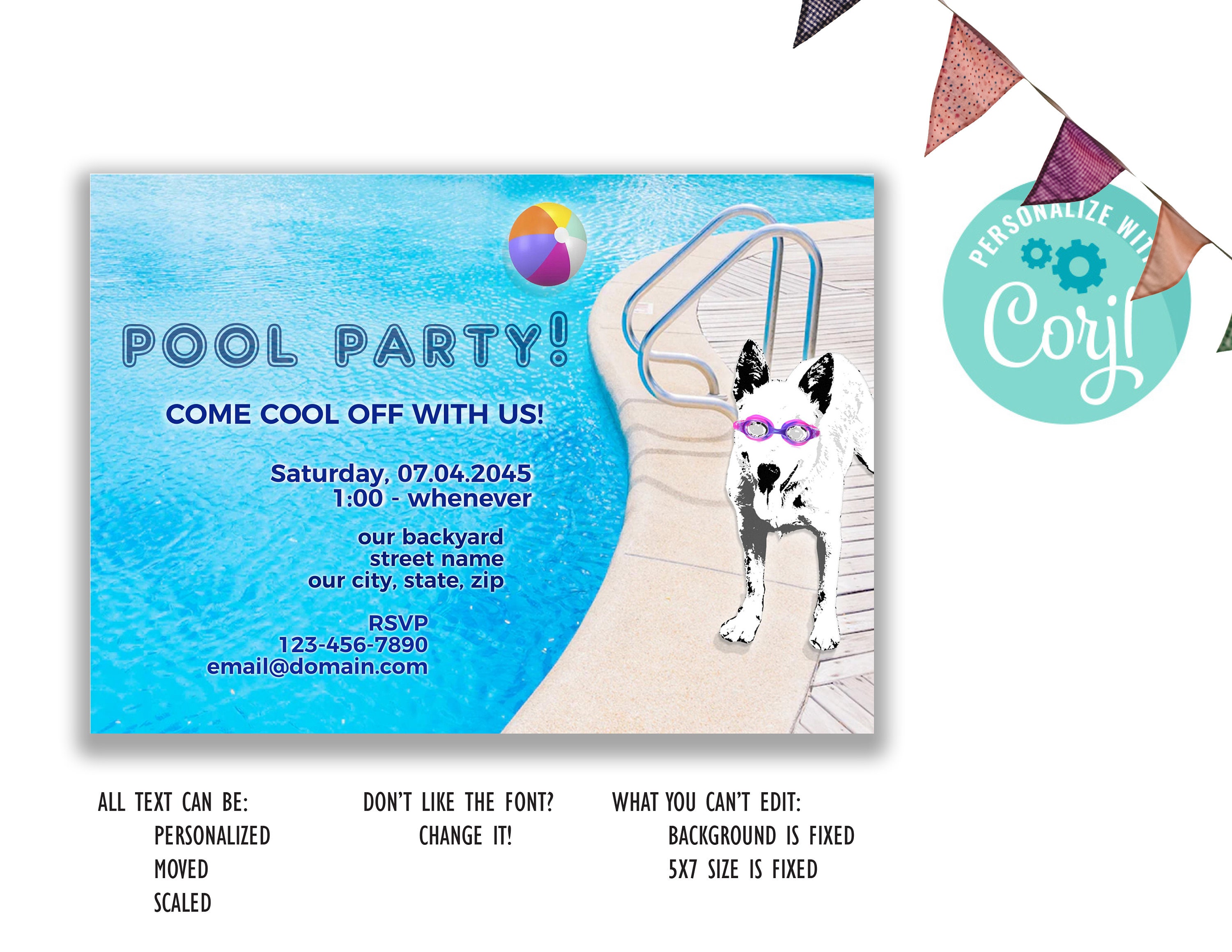 Pool Dog Editable Pool Party Invitation, Dog Theme, Dog With Goggles ...