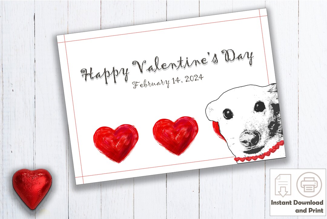 Valentine Card Dog With Hearts, Downloadable Valentine's Card, Quirky ...