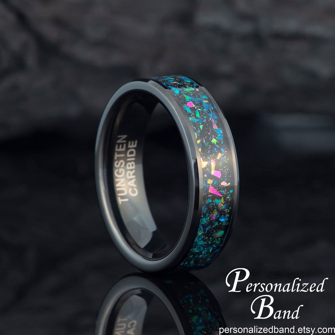 Unique Galaxy Emerald Green Opal Tungsten Wedding Ring, Mens Wedding Ring, Opal Meteorite Inlay ...