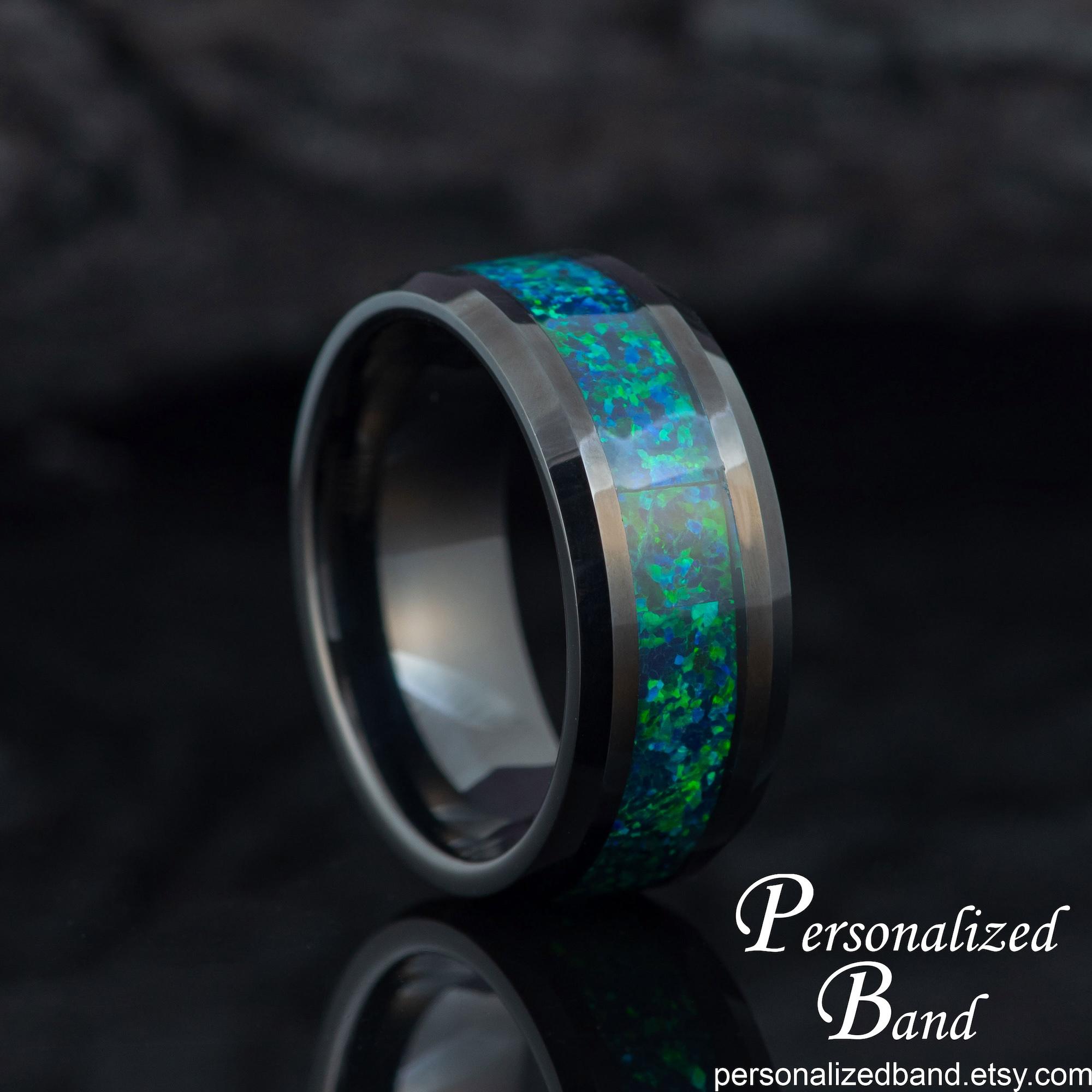 Galaxy Emerald Green Blue Opal Tungsten Wedding Ring 6mm 8mm Mens ...