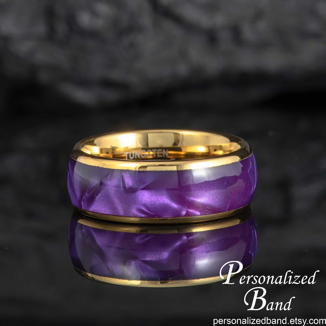 Mens Stylish Purple Wedding Anniversary Ring, Yellow Gold Tungsten Ring ...