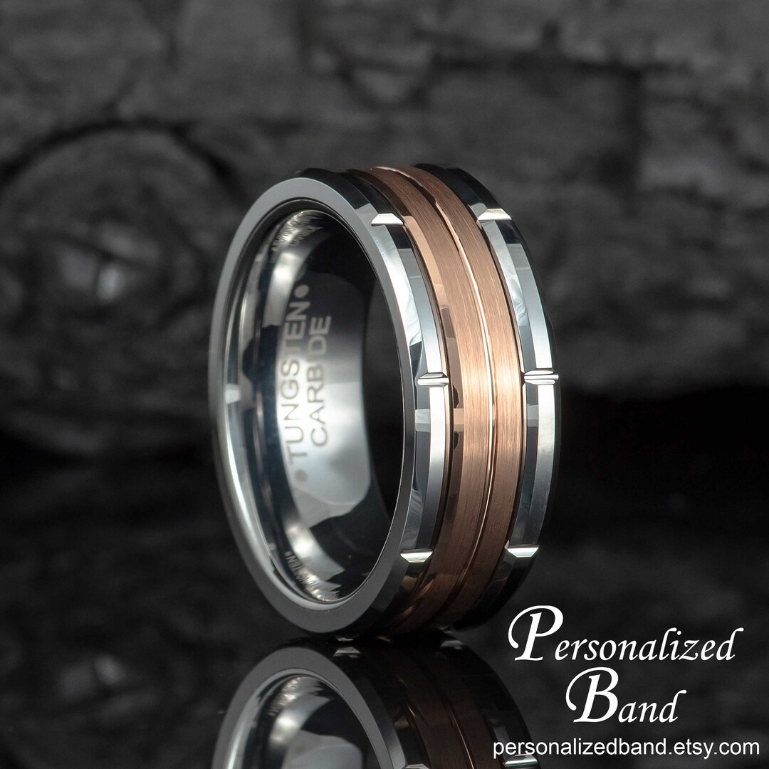 Elegant Tungsten Wedding Band With Grooved Rose Gold Center Design for ...