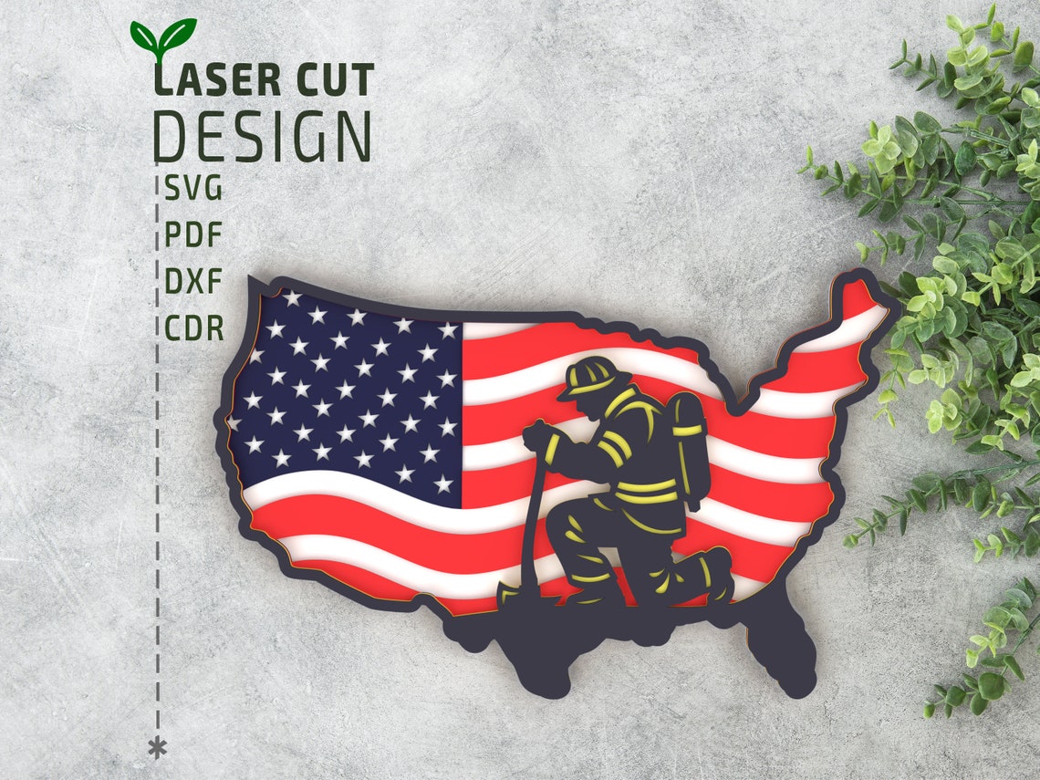 USA Map With Firefighter Layered SVG Laser Cut File, Multilayer Svg, 3d ...