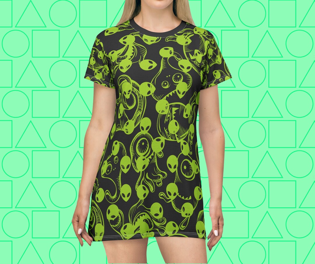 Black Alien T-shirt Dress for Women, Aliens Black Teen Mini Dress ...