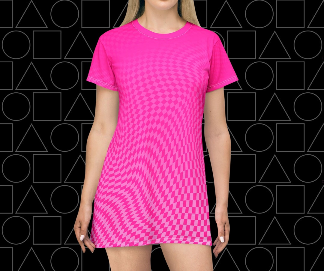 T-shirt Dress With Kawaii Pink Deformed Checks, Faded Pink Warped Check ...