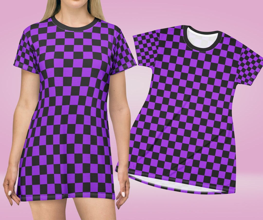 Purple and Black Checkered T-shirt Dress, Purple and Black Plaid Mini ...