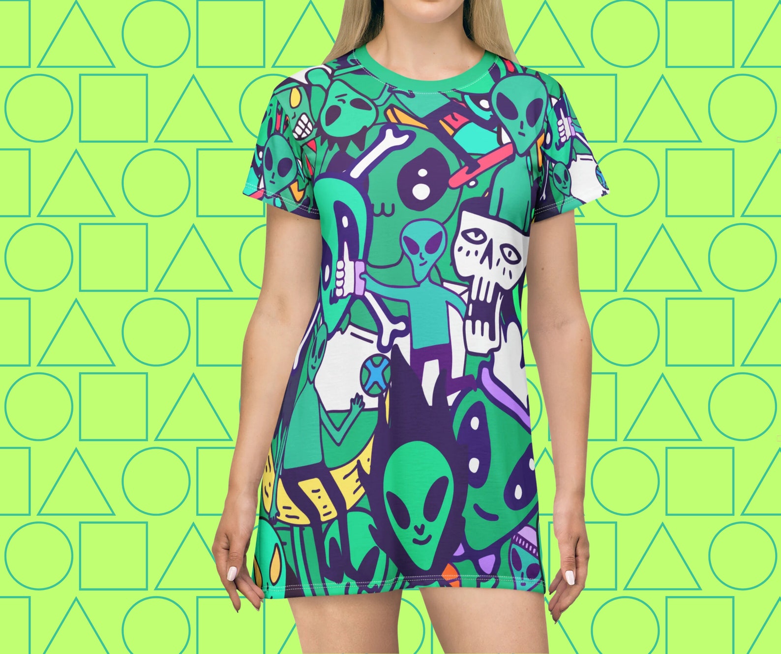 Alien Graphic T-shirt Dress, Alien Teen Minidress, Rave Top T-shirt ...