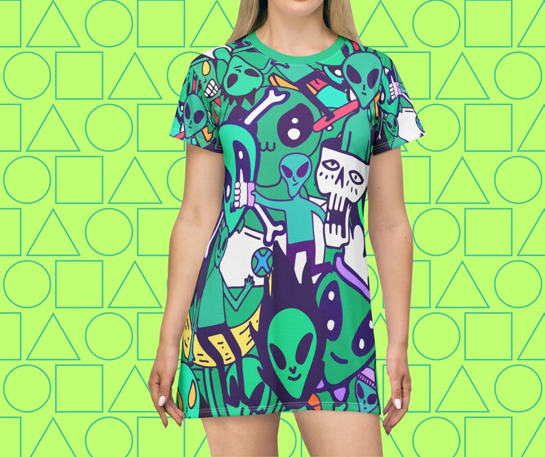Alien Graphic T-shirt Dress, Alien Teen Minidress, Rave Top T-shirt ...