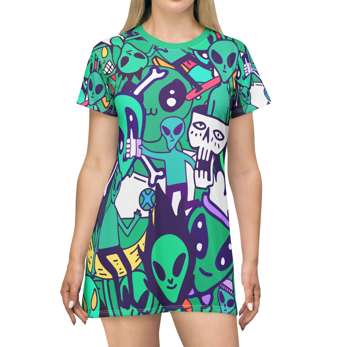 Alien Graphic T-shirt Dress, Alien Teen Minidress, Rave Top T-shirt ...