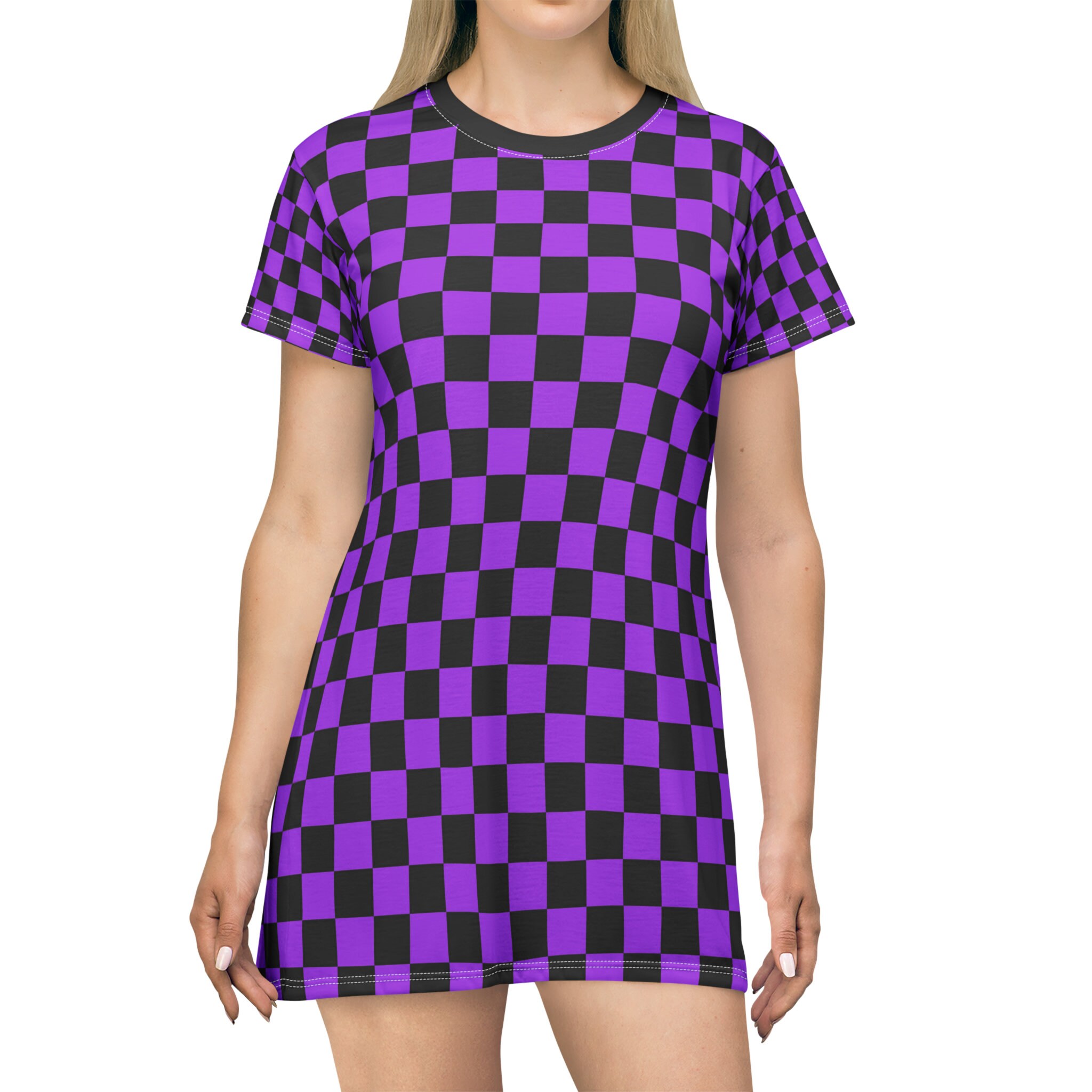 Purple and Black Checkered T-shirt Dress, Purple and Black Plaid Mini ...