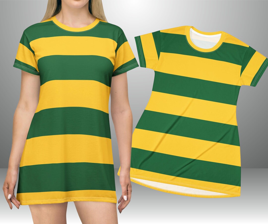 Kawaii Yellow and Green Striped T-shirt Dress, Casual Green and Yellow ...