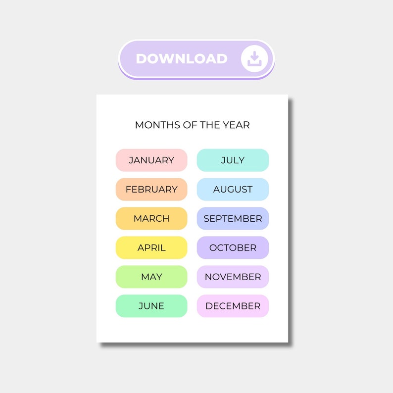 Rainbow Months of the Year Chart, Months Print, PRINTABLE Wall Art ...