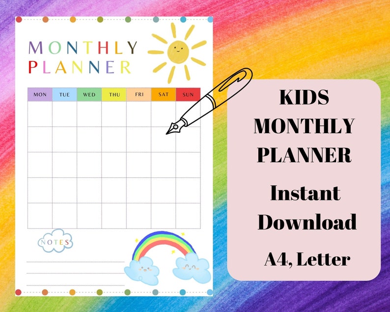 Kids Monthly Planner | Rainbow Daily Planner | Colorful Planner ...